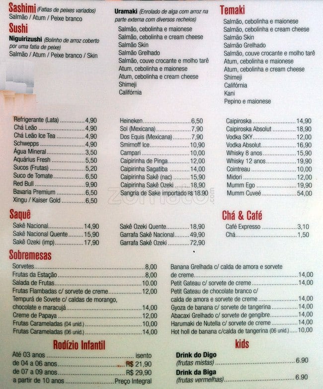 Menu at Aoyama restaurant, São Paulo, R. Dr. Fonseca Brasil