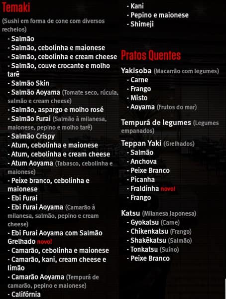 Menu at Aoyama restaurant, São Paulo, R. Dr. Fonseca Brasil
