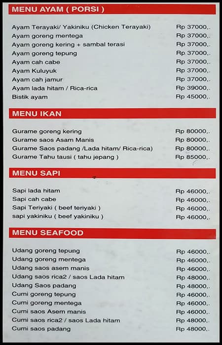Menu at Bakmi 5000 restaurant, Jakarta, Jalan Otto Iskandar Dinata