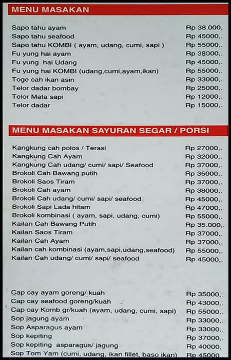 Menu at Bakmi 5000 restaurant, Jakarta, Jalan Otto Iskandar Dinata