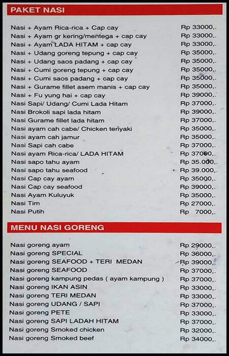 Menu at Bakmi 5000 restaurant, Jakarta, Jalan Otto Iskandar Dinata