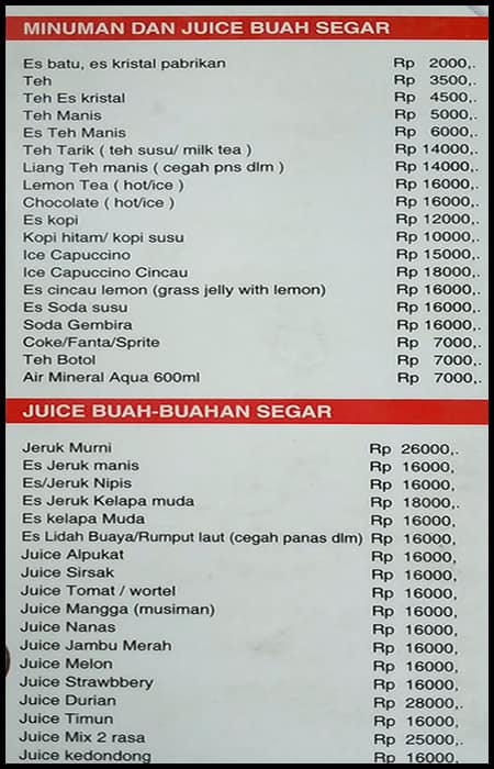 Menu at Bakmi 5000 restaurant, Jakarta, Jalan Otto Iskandar Dinata