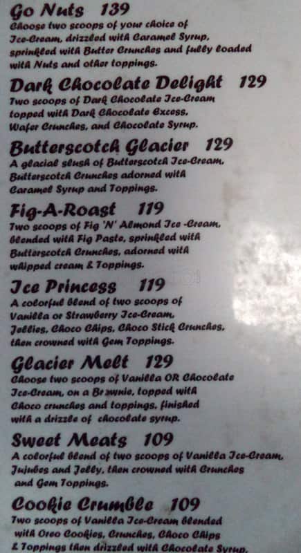 Menu at Ice Age, Hyderabad, 2 - 2 - 5 Usha Kiran Arcade Osmania ...