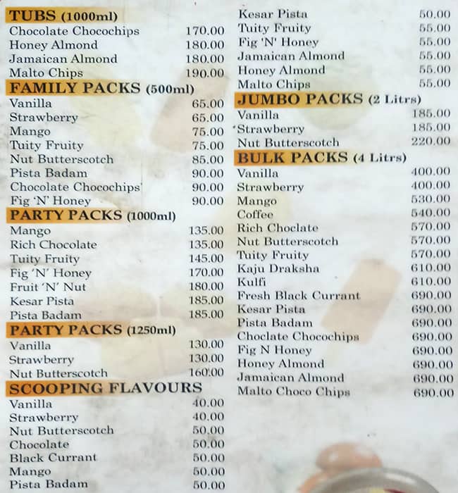 Menu at Fida Ice Cream Parlour, Hyderabad