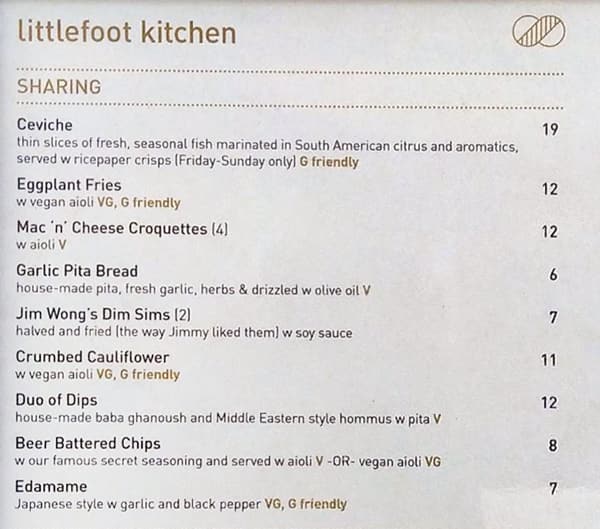 Menu at Littlefoot Bar + Kitchen, Footscray