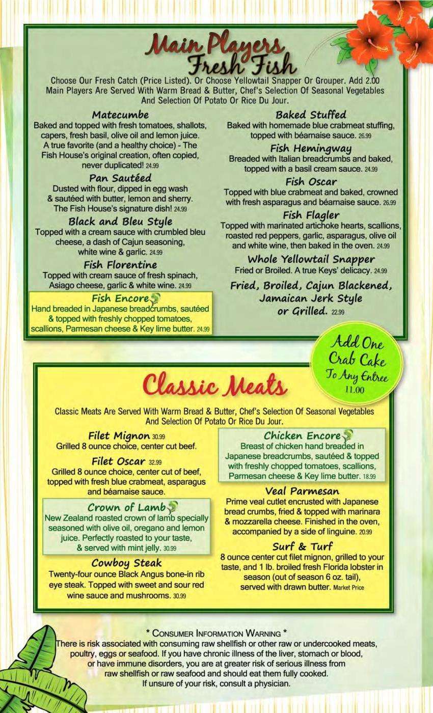 Menu at The Fish House restaurant, Key Largo, 102401 Overseas Hwy