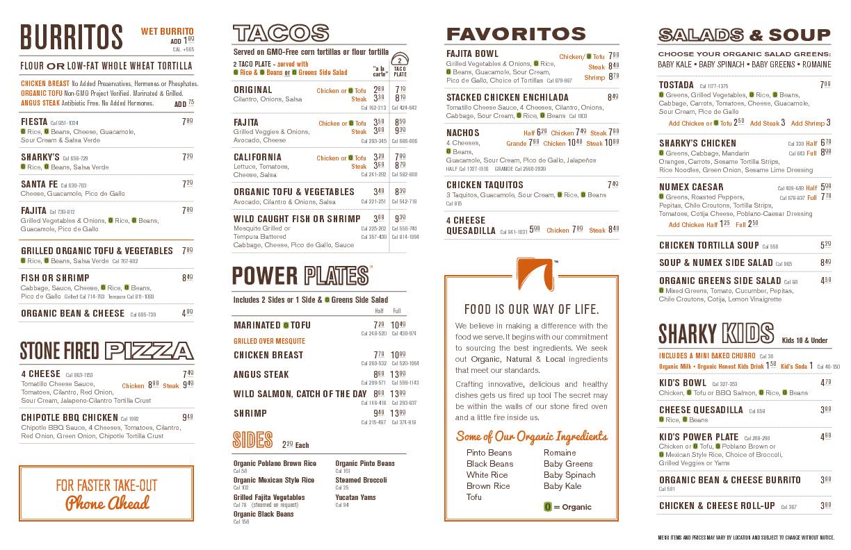 Menu at Sharky's Woodfired Mexican Grill restaurant, Camarillo