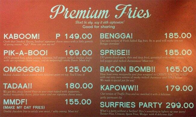 Menu at Surfries restaurant, Marikina