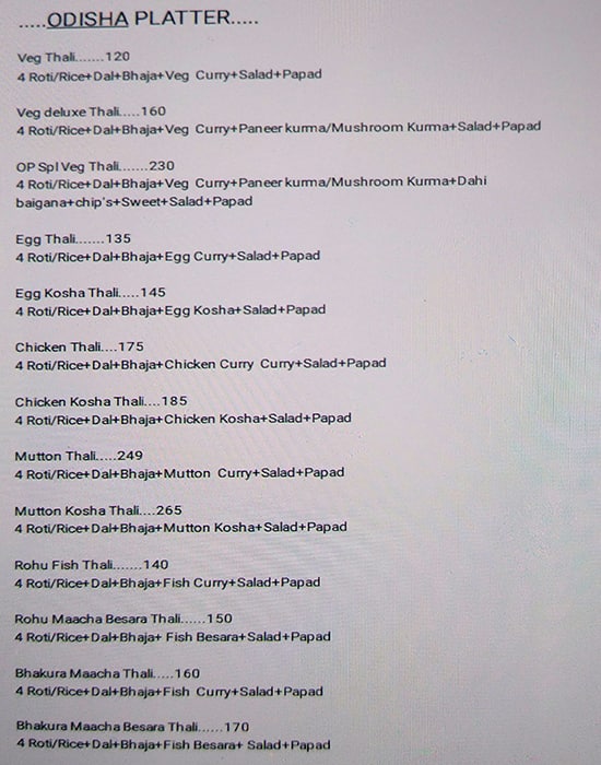 Menu at Odisha Platter, Bengaluru, 10th Cross