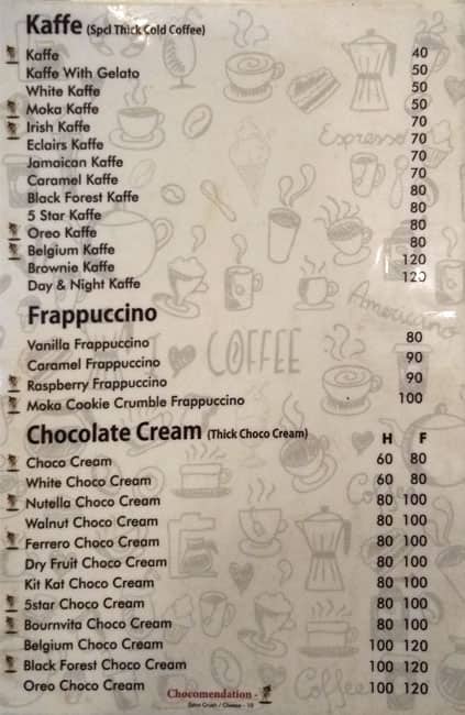 Menu of Cafe Chocolicious, Indraprastha Industrial Area, Kota