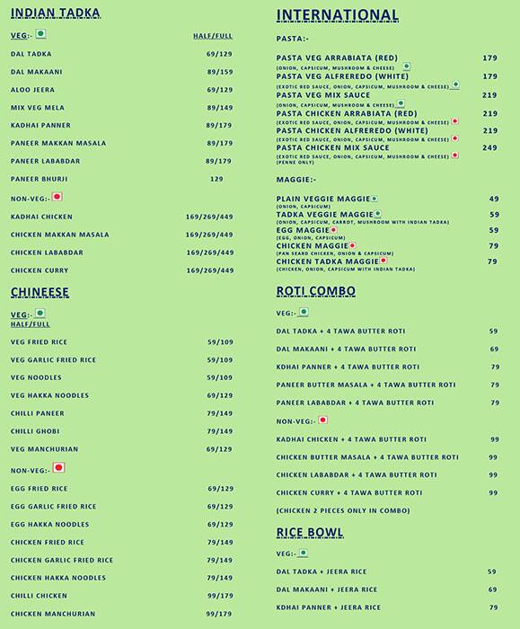 Menu of The Cloud Cafeteria, DLF Phase 3, Gurgaon