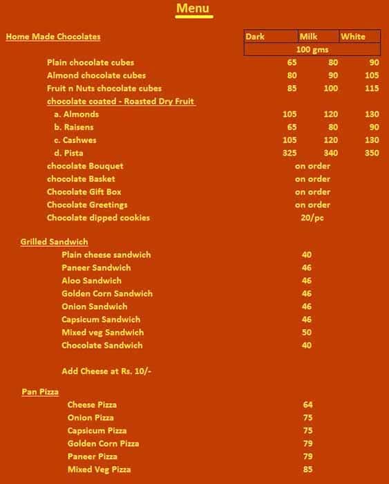 Menu of Choco Cafe, Mysore Road, Bangalore