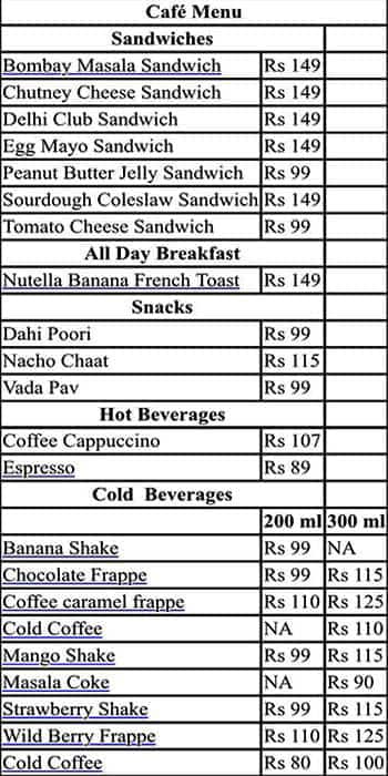 Menu at Ambrose, Dehradun