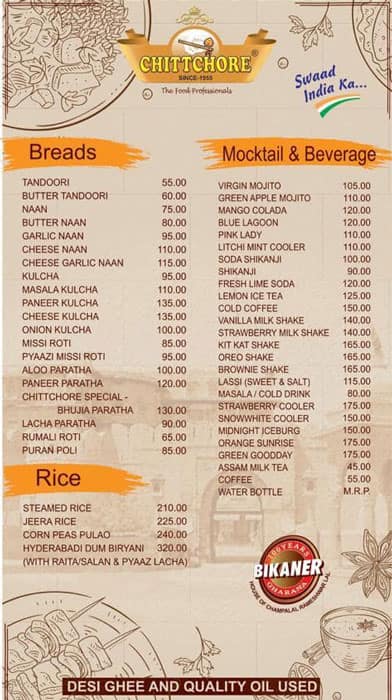 Menu at CHITTCHORE- BIKANER GHARANA- RESTAURANT., Guwahati