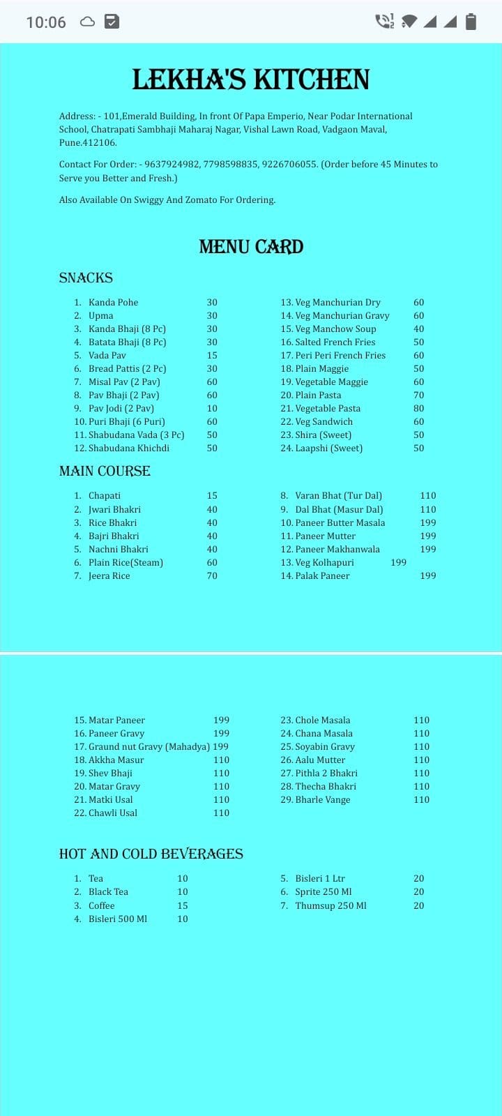 Menu of Lekha's Kitchen, Talegaon, Pune