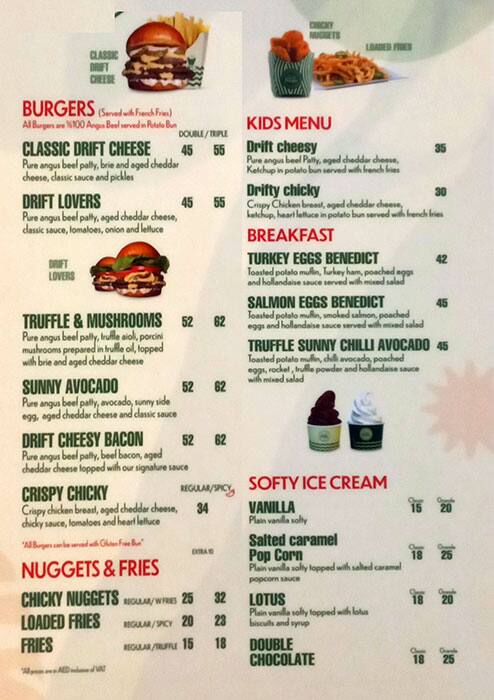 Menu of Drift Burger, Umm Suqeim, Dubai