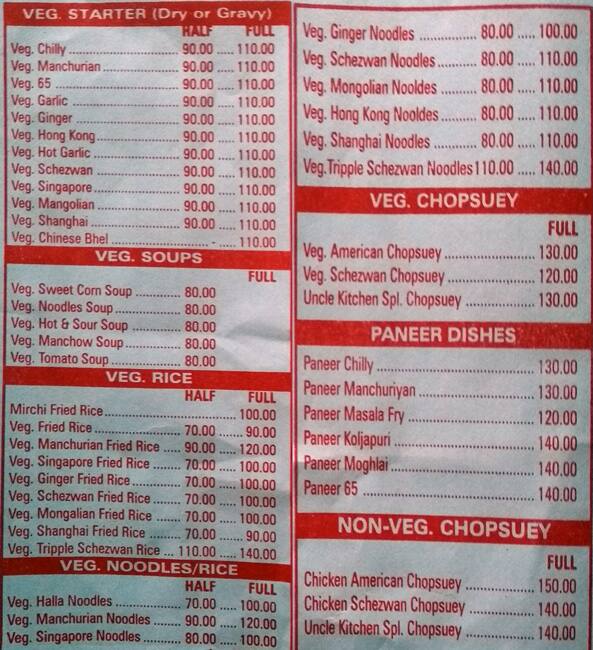 Menu of Uncle Kitchen Chinese Food Corner, Marine Lines, Mumbai