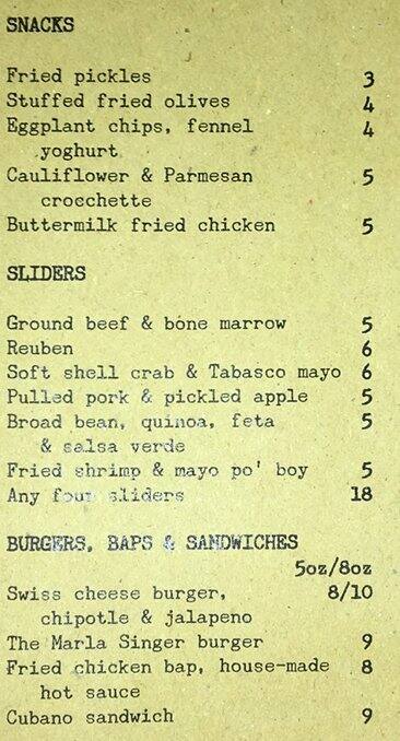 Menu at Spuntino restaurant, London, 61 Rupert St