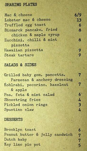 Menu at Spuntino restaurant, London, 61 Rupert St