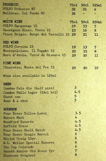 Menu at Spuntino restaurant, London, 61 Rupert St