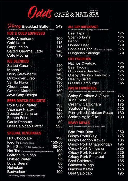 Menu at Odds Cafe, Quezon City