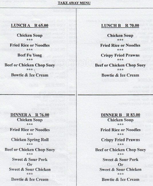 Menu at Foon Lok Nien Chinese restaurant, Westville