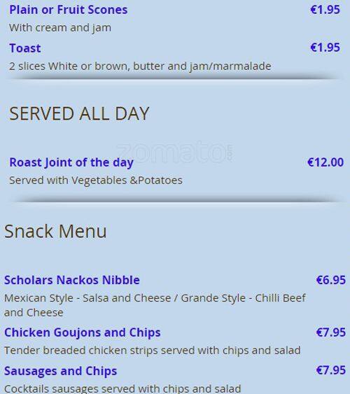 Menu at Scholars pub & bar, Dublin, Oldcourt Shopping Centre