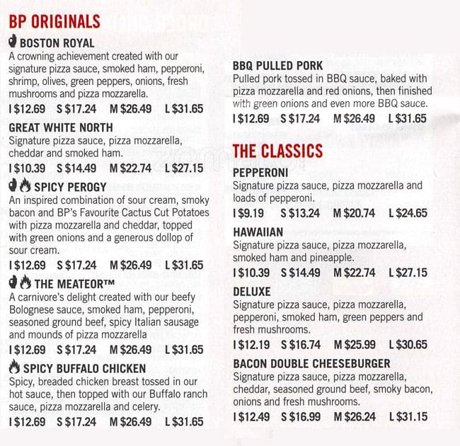 Menu at Boston Pizza pizzeria, Markham, Warden Ave