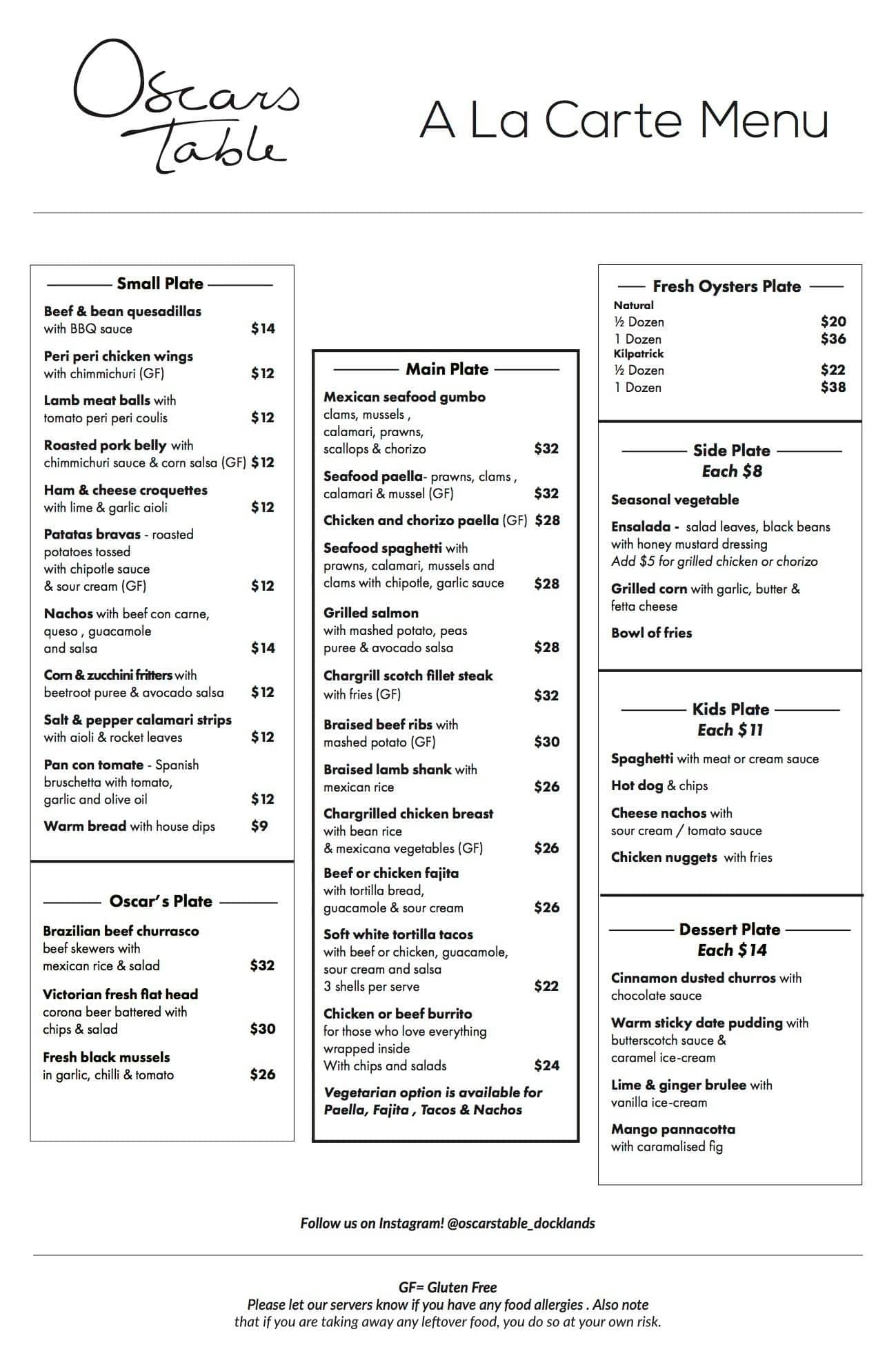 Menu at Oscars Table restaurant, Docklands