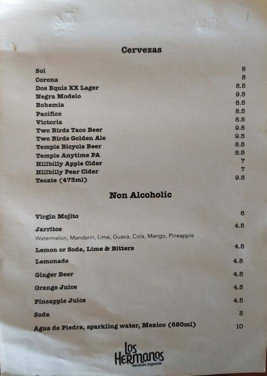 Menu at Los Hermanos restaurant, Brunswick