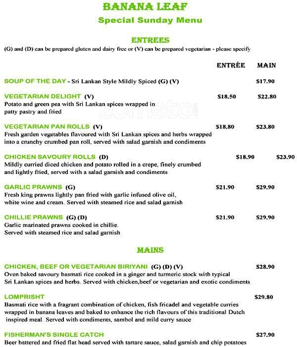 Menu at Banana Leaf restaurant, Kingston