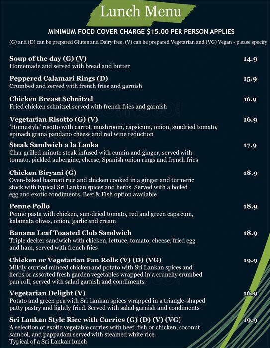 Menu at Banana Leaf restaurant, Kingston