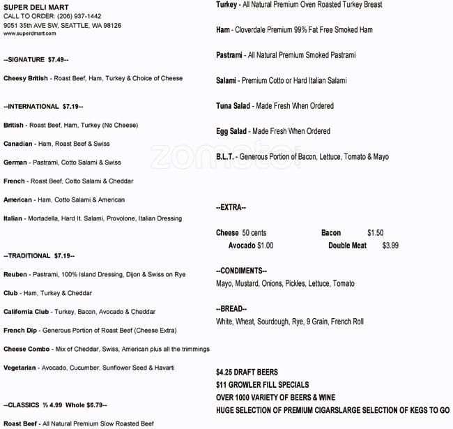 Super Deli & Grocery menu, Menu restauracji Super Deli & Grocery, West ...