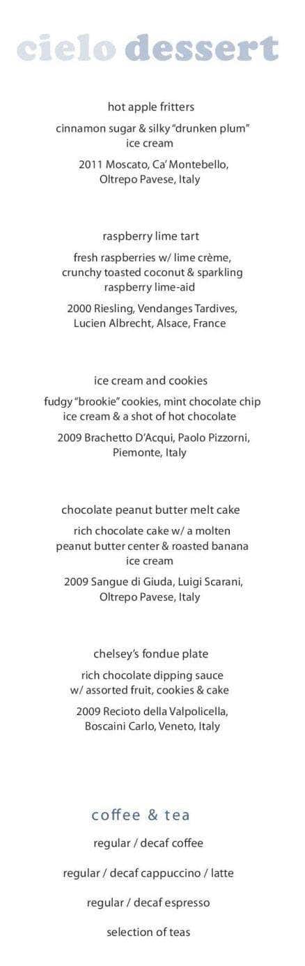 Menu at Cielo restaurant, Boca Raton