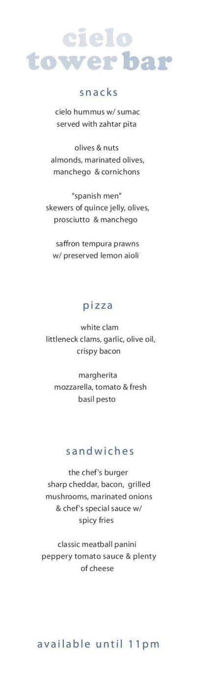 Menu at Cielo restaurant, Boca Raton