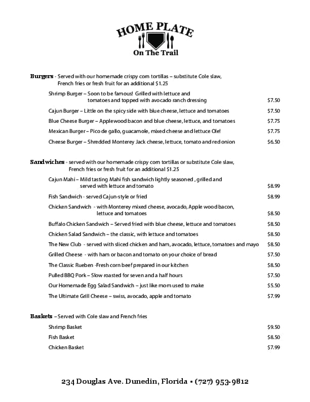 Menu at Home Plate Restaurant, Dunedin