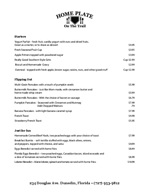 Menu at Home Plate Restaurant, Dunedin