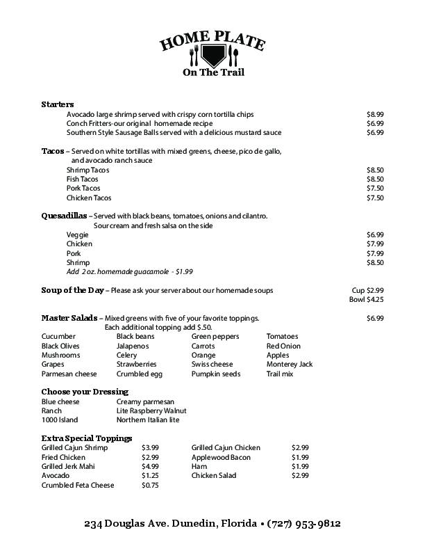 Menu at Home Plate Restaurant, Dunedin