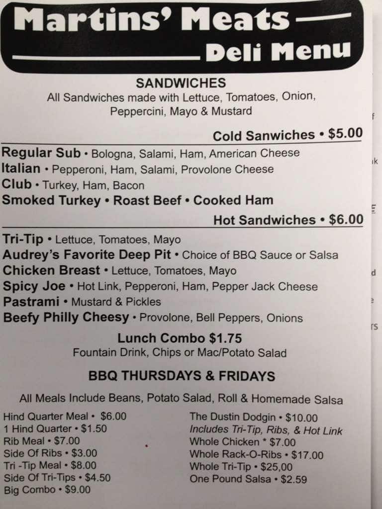 Menu at Martin's Meats BBQ, Bakersfield