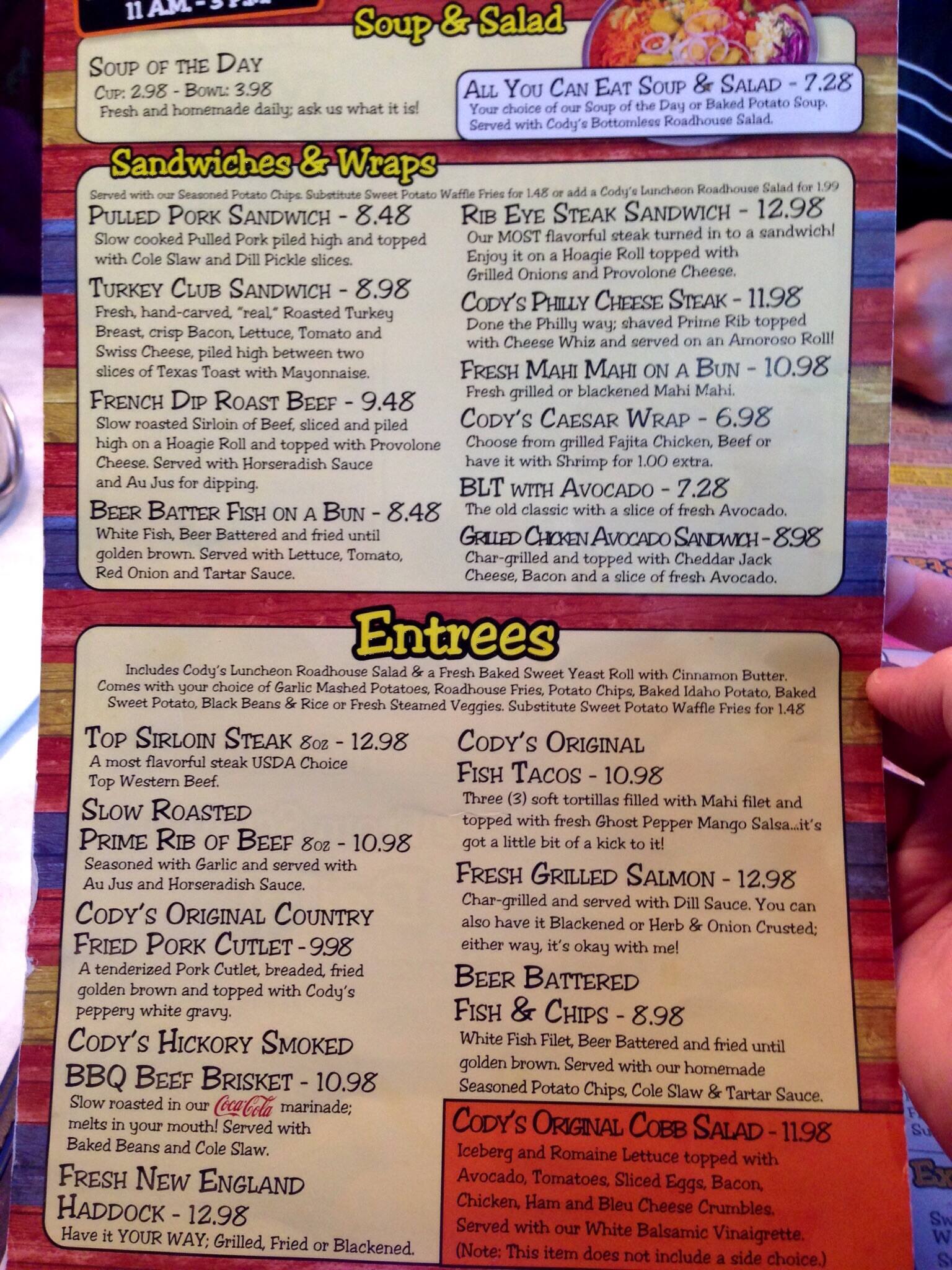 Menu at Cody's Original Roadhouse BBQ, The Villages, Meggison Rd