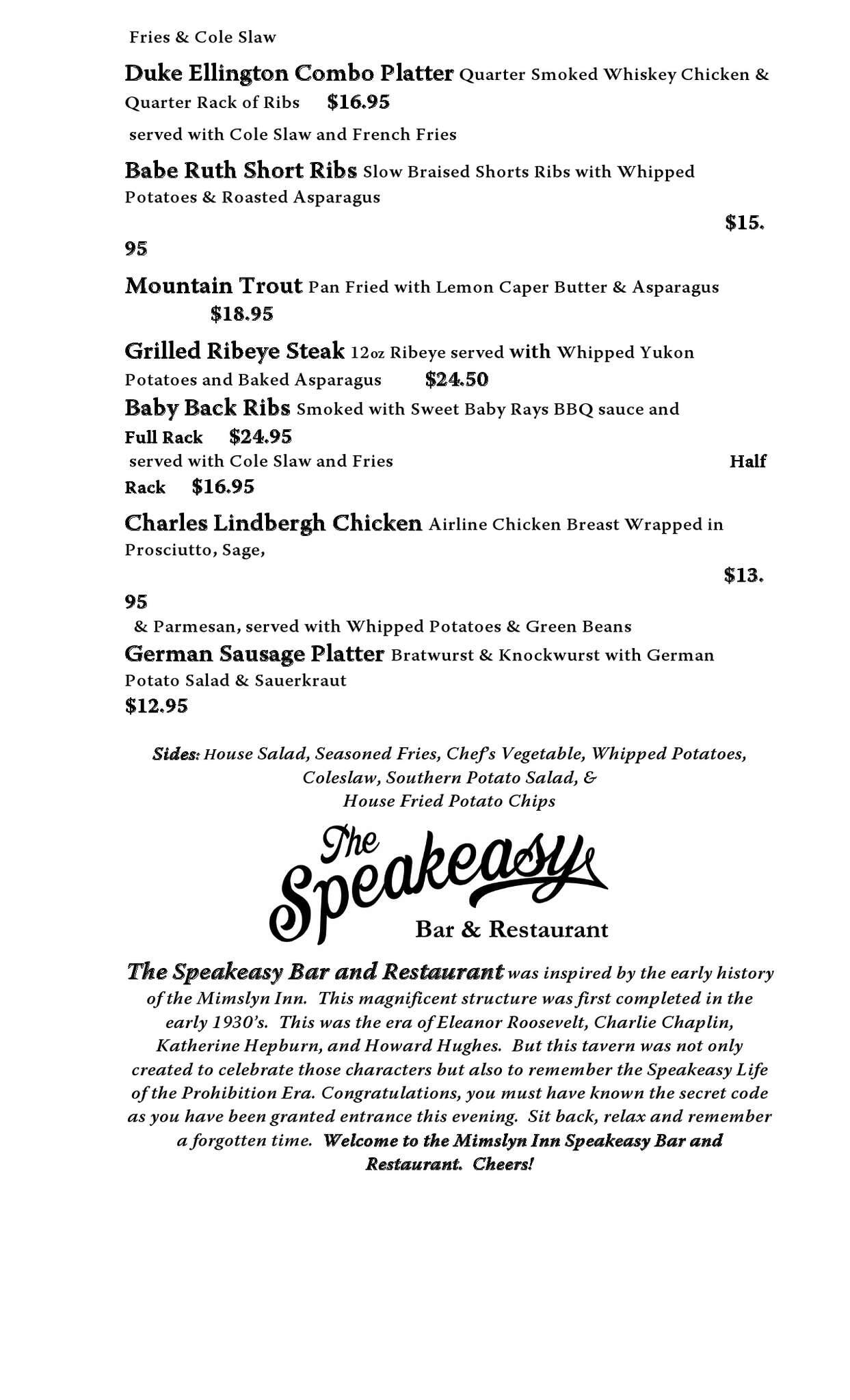 Menu at The Speakeasy Bar & Restaurant, Luray