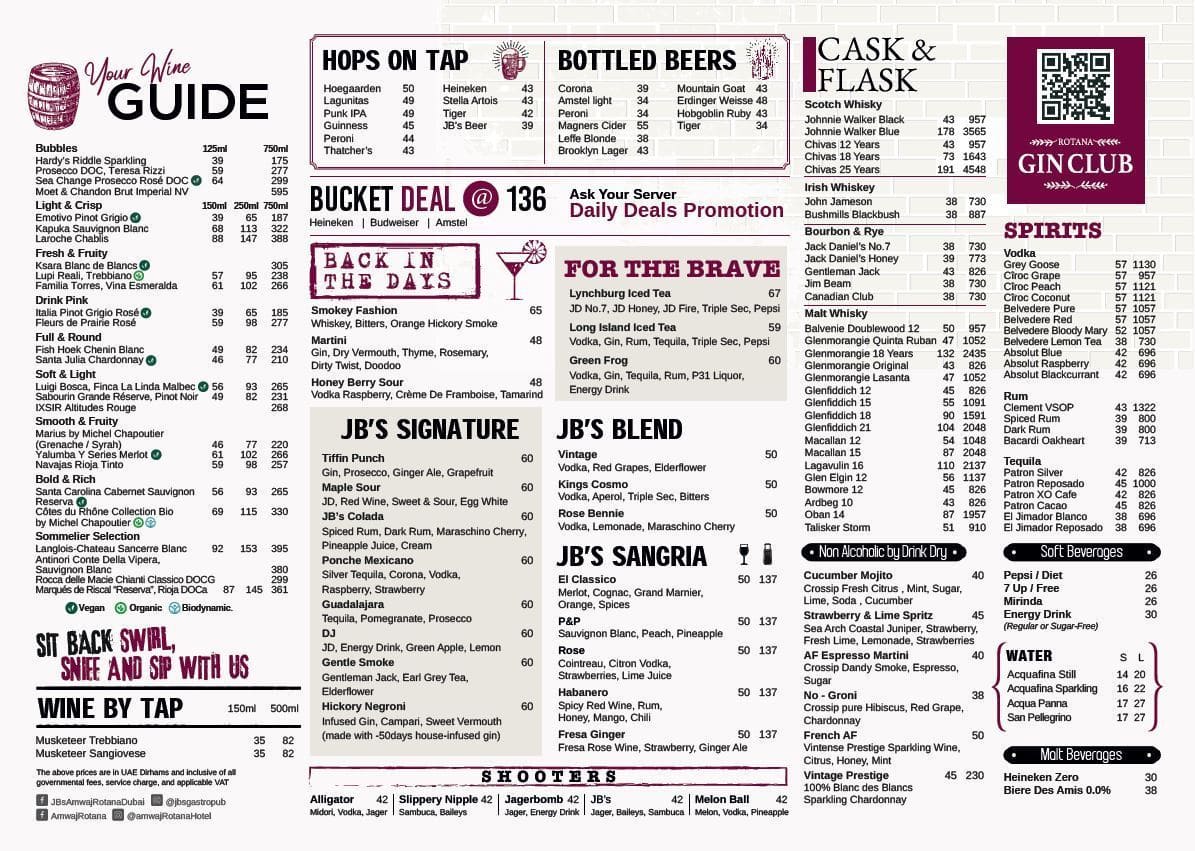 Menu of JB's Gastropub - Amwaj Rotana, Jumeirah Beach Residence (JBR), Dubai