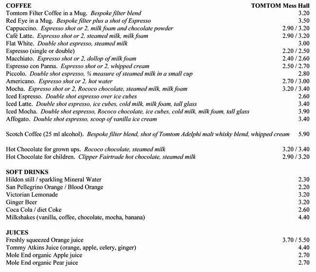 Carta del café Tomtom Mess Hall, Londres
