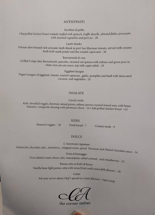 Menu at The Corner Italian restaurant, Subiaco, 484 Hay St