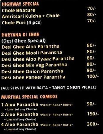 Menu at Murthal paranthawala, Dehradun