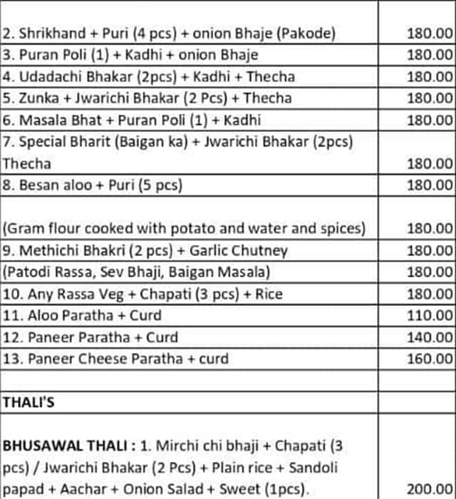 Menu at Maharashtrian Aaswad, Nagpur