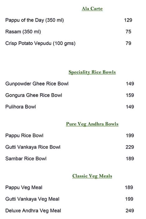 Menu of Namo Andhra, Kaggadasapura, Bangalore