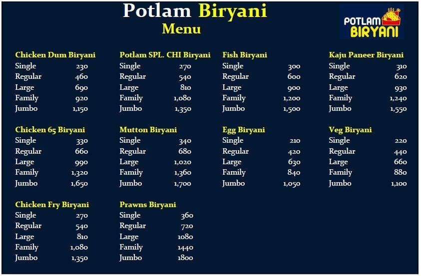 Menu of Potlam Biryani, Beeramguda, Hyderabad