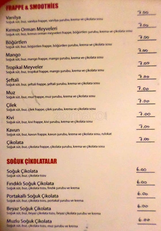 Menu at Ankara Kültürevi Kafe, Ankara