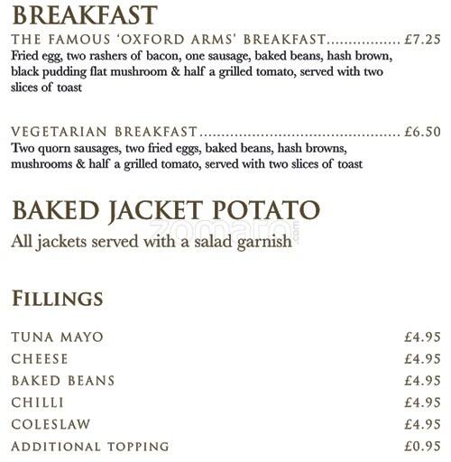 Menu at The Oxford Arms pub & bar, London, 265 Camden High St